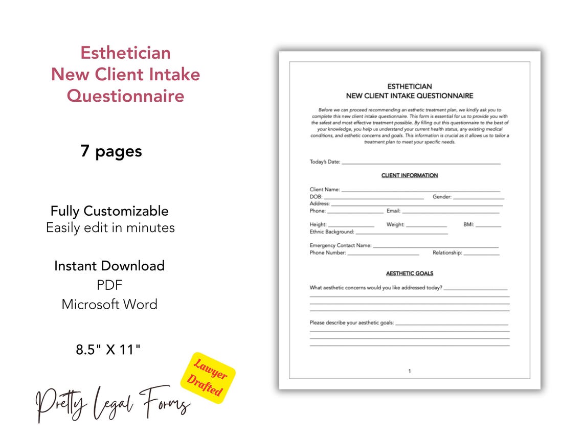 Esthetician Intake Questionnaire Spa New Patient Form Esthetician ...