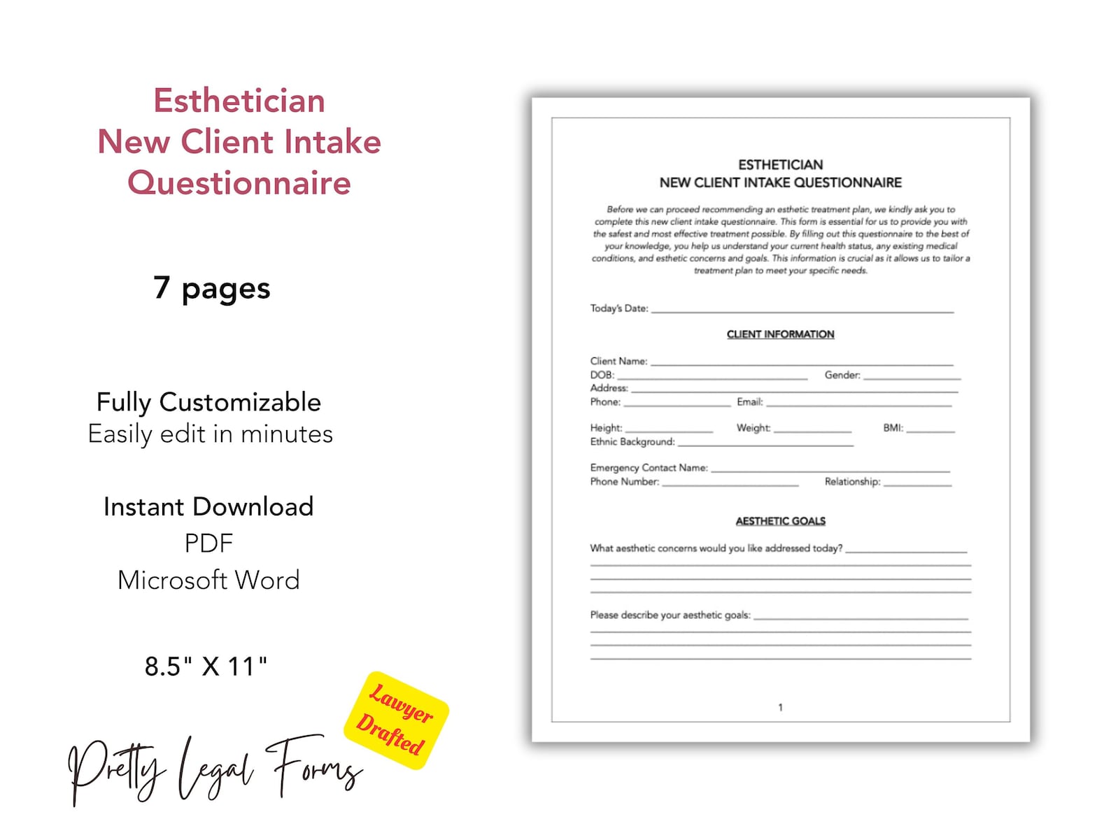 Esthetician Intake Questionnaire Spa New Patient Form Esthetician ...