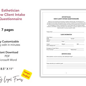 Esthetician Intake Questionnaire Spa New Patient Form Esthetician ...