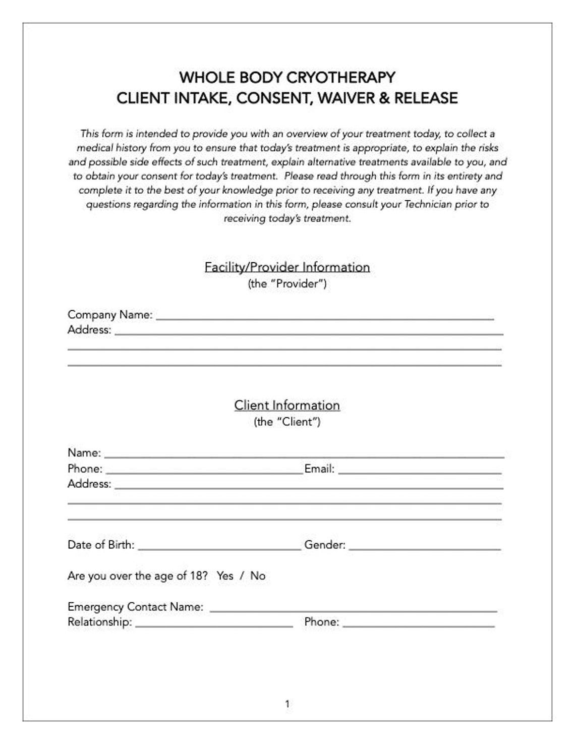 Whole Body Cryotherapy Intake Forms WBC Informed Consent Cryotherapy ...