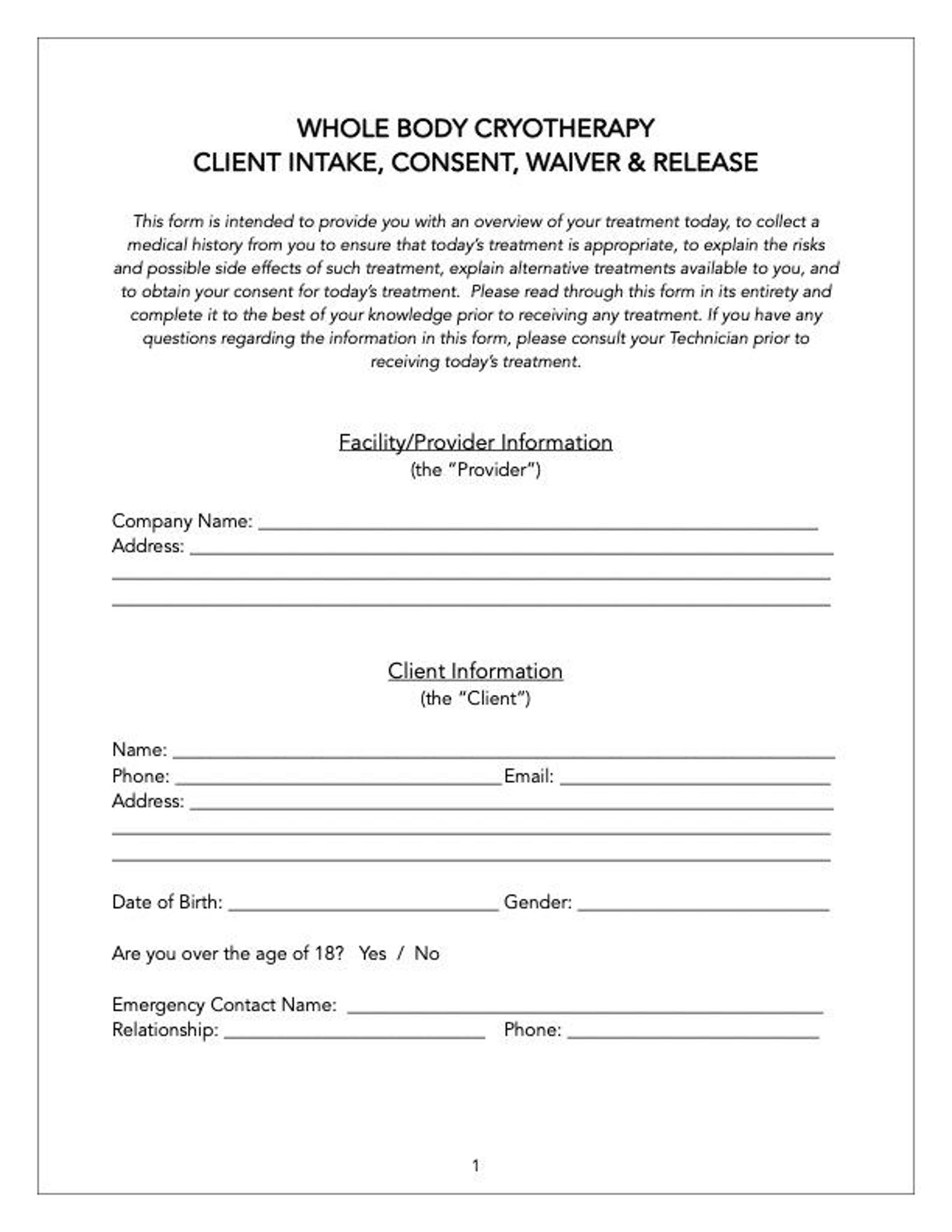 Whole Body Cryotherapy Intake Forms WBC Informed Consent Cryotherapy ...