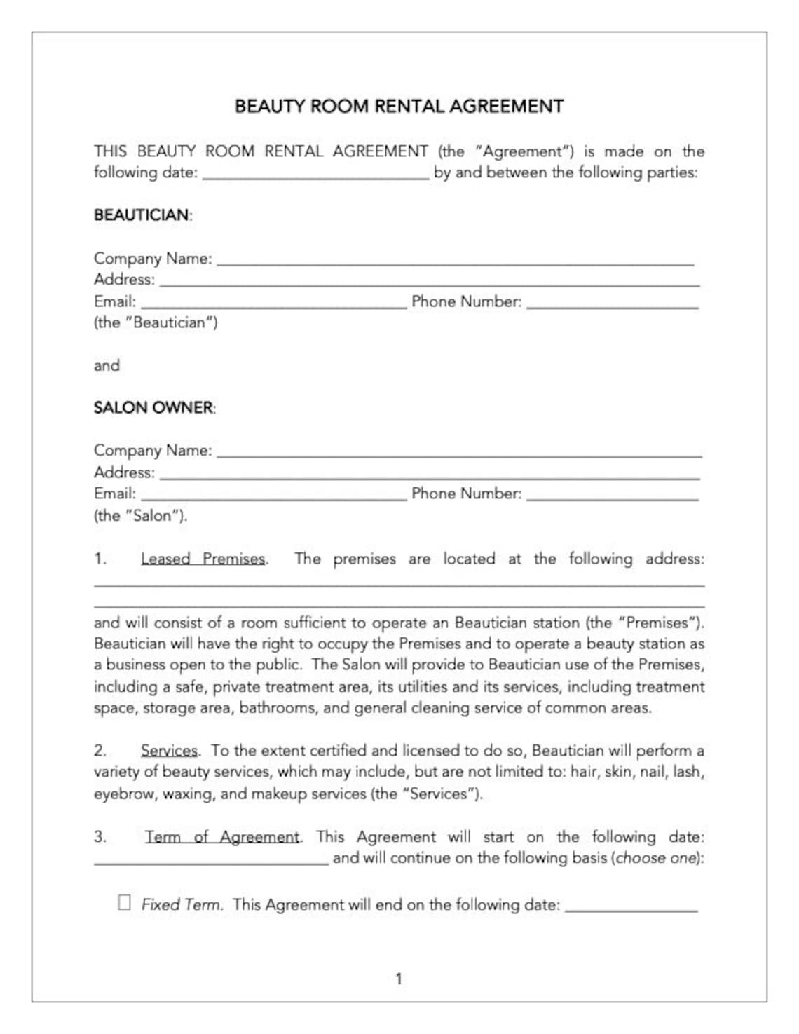 Beauty Room Rental Contract, Salon Booth Rental Agreement, Beauty Room ...
