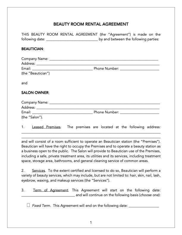 Beauty Room Rental Contract, Salon Booth Rental Agreement, Beauty Room ...