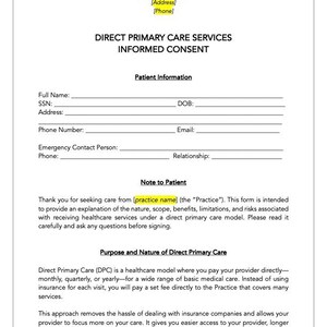 Direct Primary Care Consent Form DPC Membership Agreement Family ...