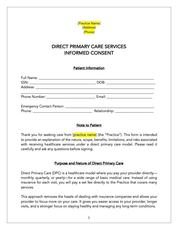 Direct Primary Care Consent Form DPC Membership Agreement Family ...