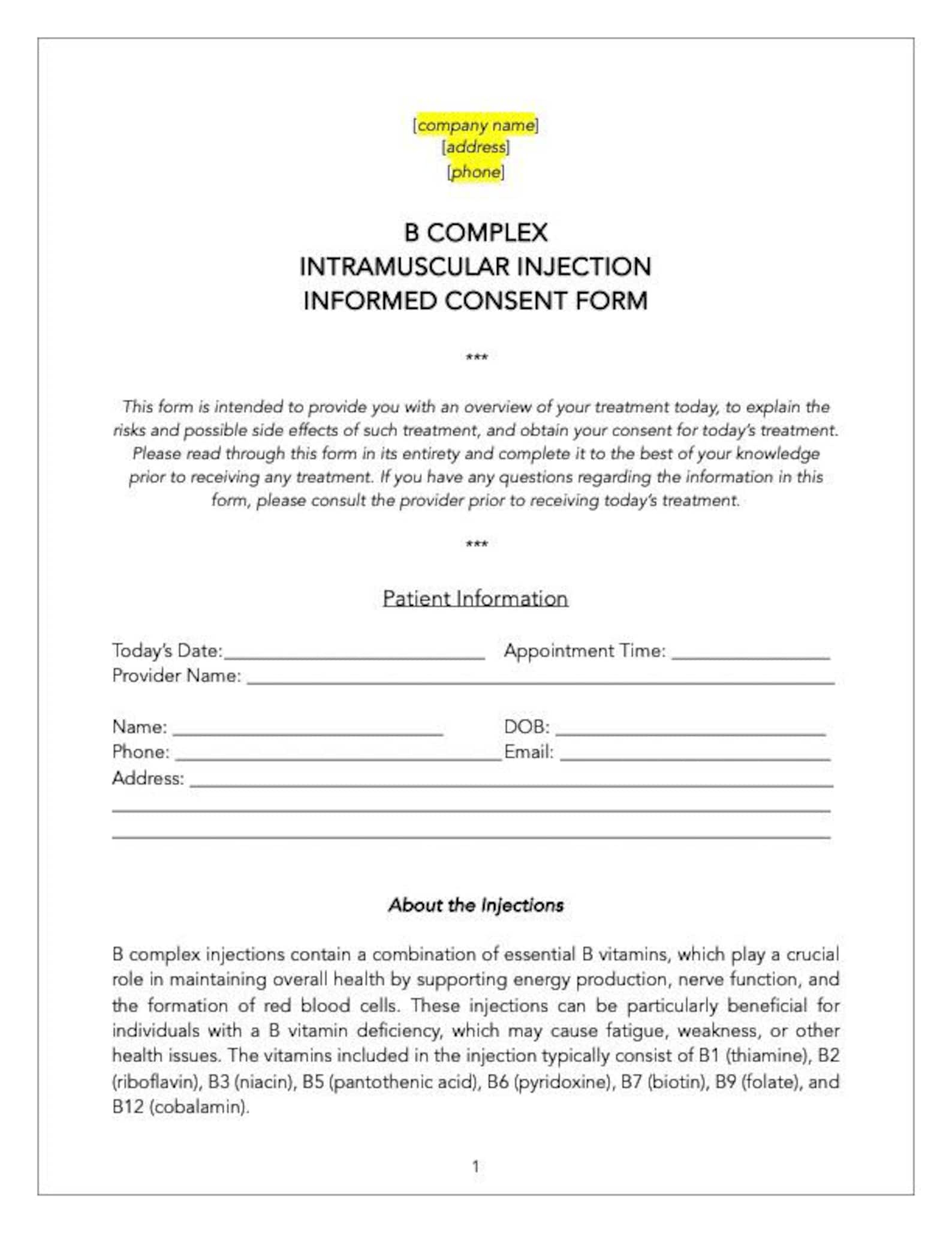B-complex IM Injection Consent Form Vitamin B Complex Shots Informed ...