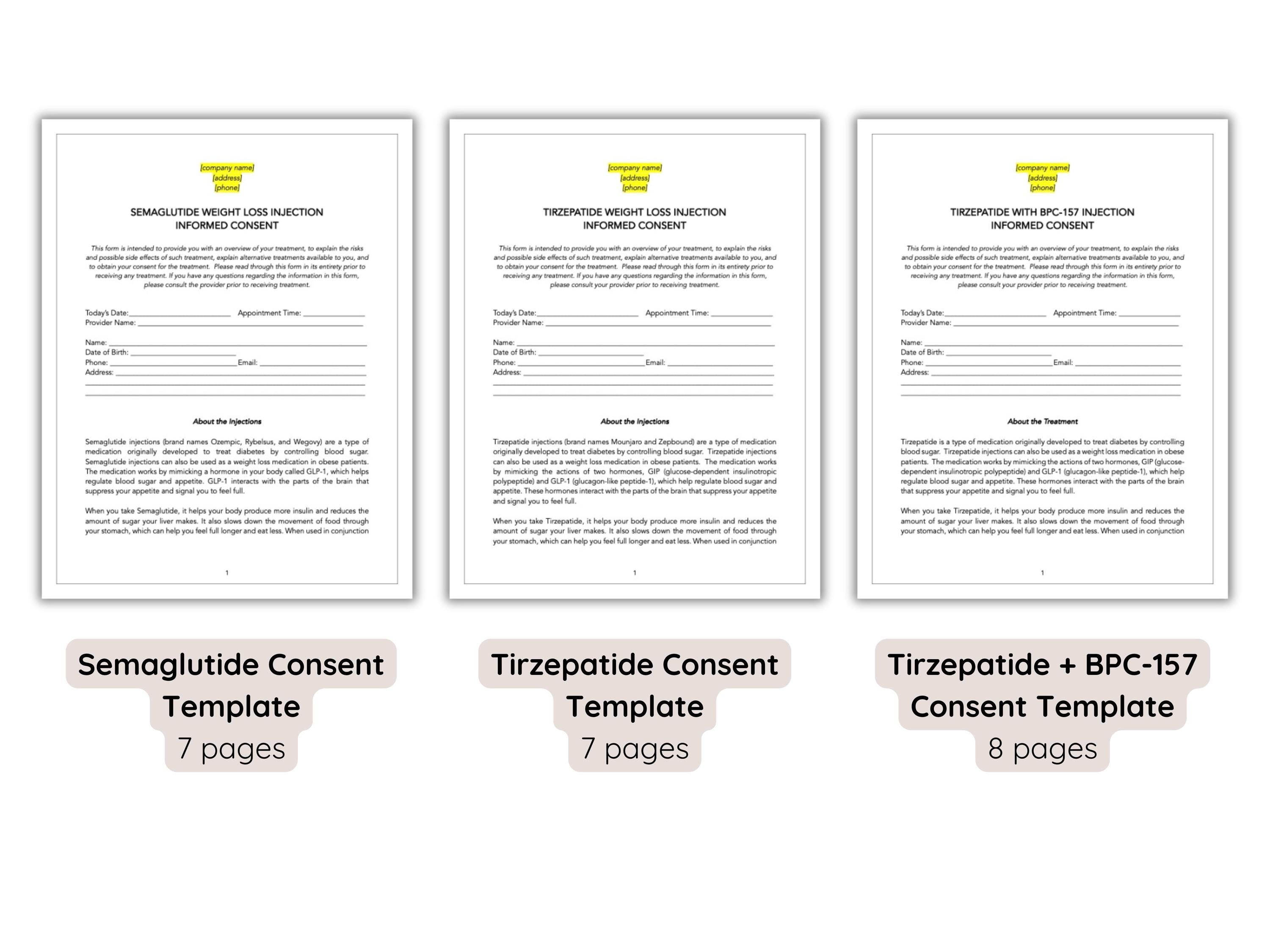 Peptide Therapy Consent Forms Bundle Semaglutide Tirzepatide BPC-157 ...