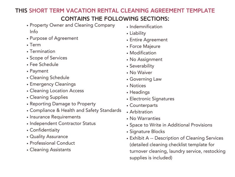 Airbnb Cleaning Contract Template Short Term Vacation Rental Cleaning ...