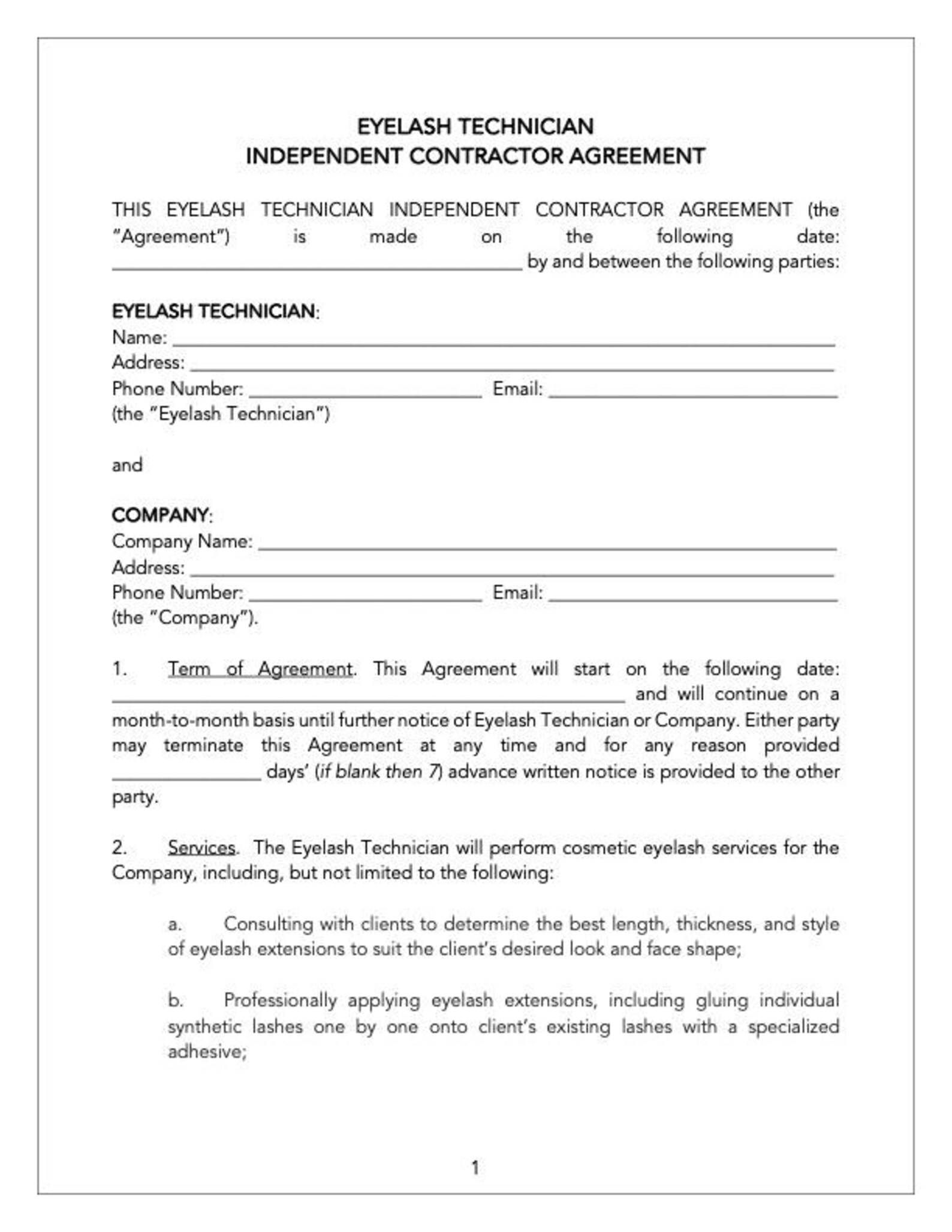1099 Lash Tech Commission Contract Template Lash Artist Independent ...