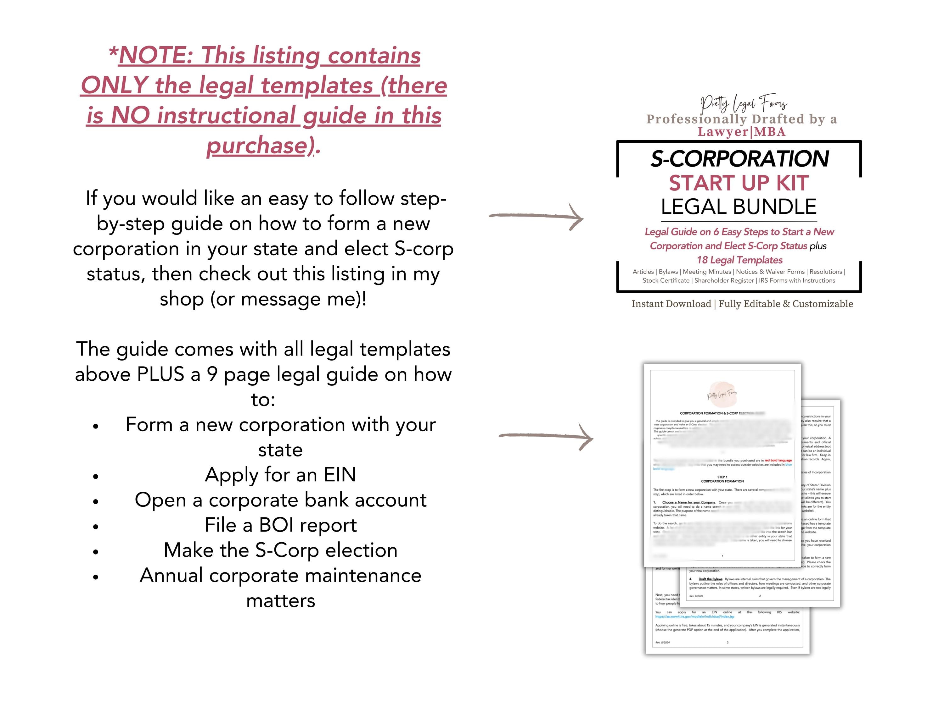S-corp Kit S-corporation Legal Template Bundle S-corp Forms Scorp ...