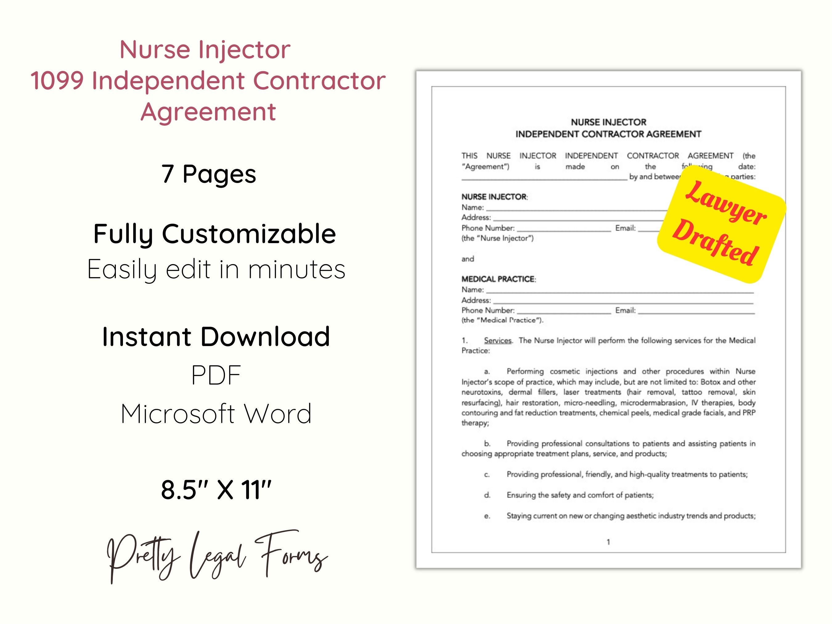 Nurse Injector Independent Contractor Agreement 1099 Aesthetic Nurse Contract Template, Nurse ...