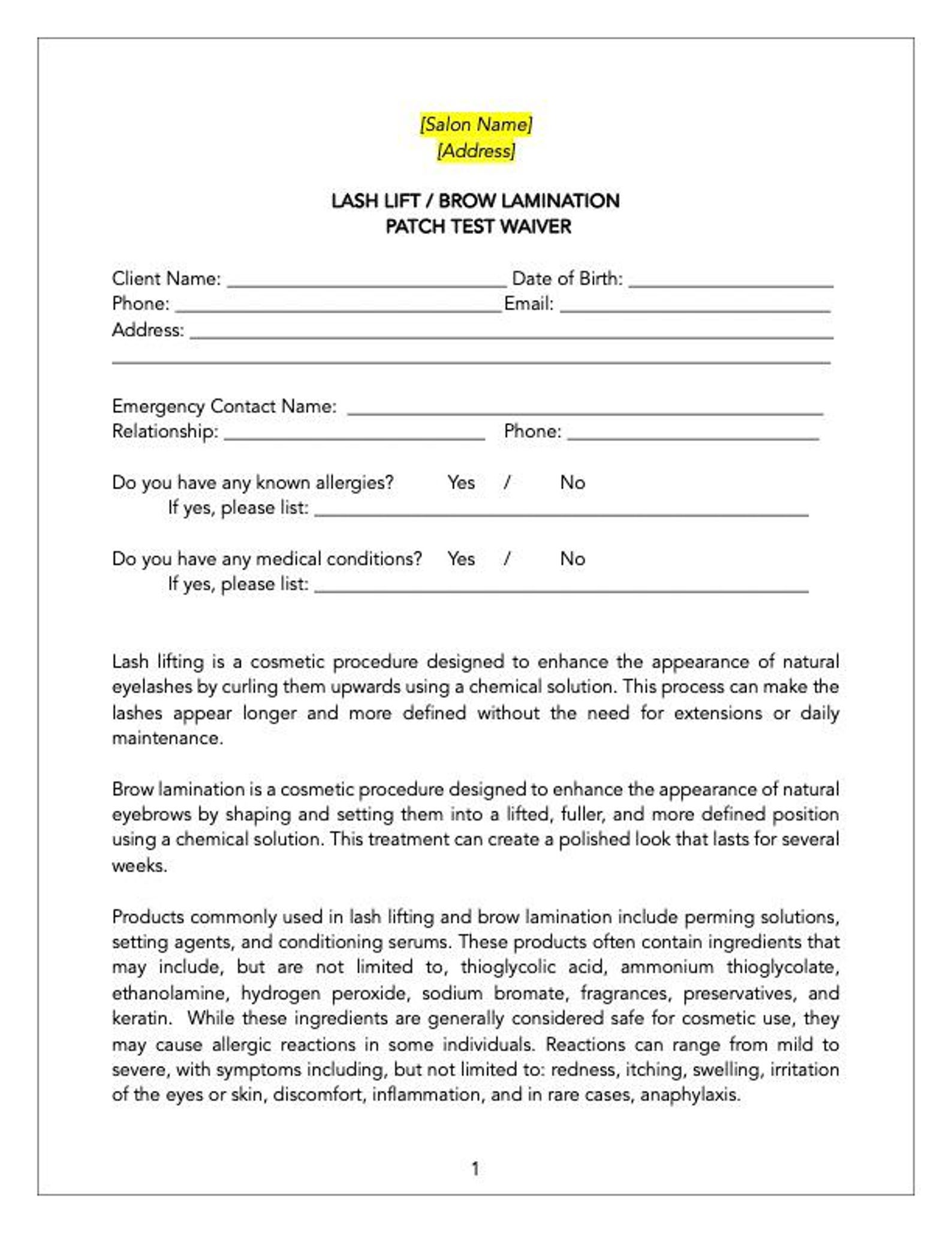 Lash Patch Test Waiver Form Brow Lamination Patch Testing Form Eyelash ...
