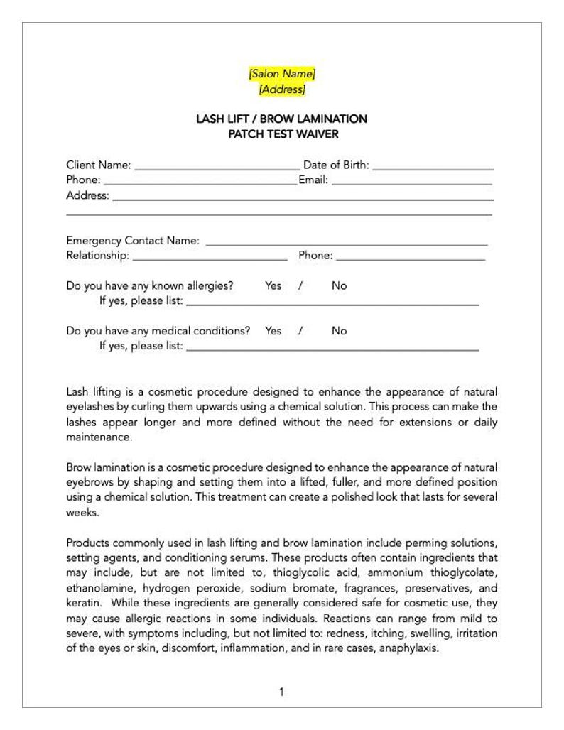 Lash Patch Test Waiver Form Brow Lamination Patch Testing Form Eyelash ...