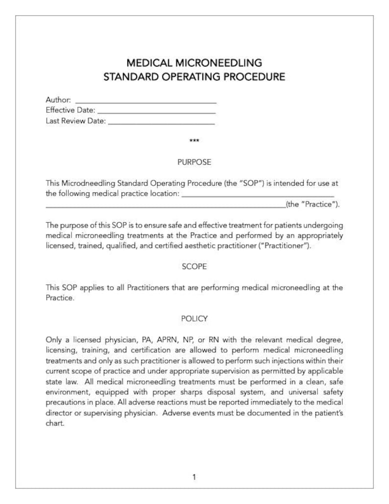 Medical Microneedling SOP Protocol Template for Med Spas | Microneedling Policies and Procedures ...