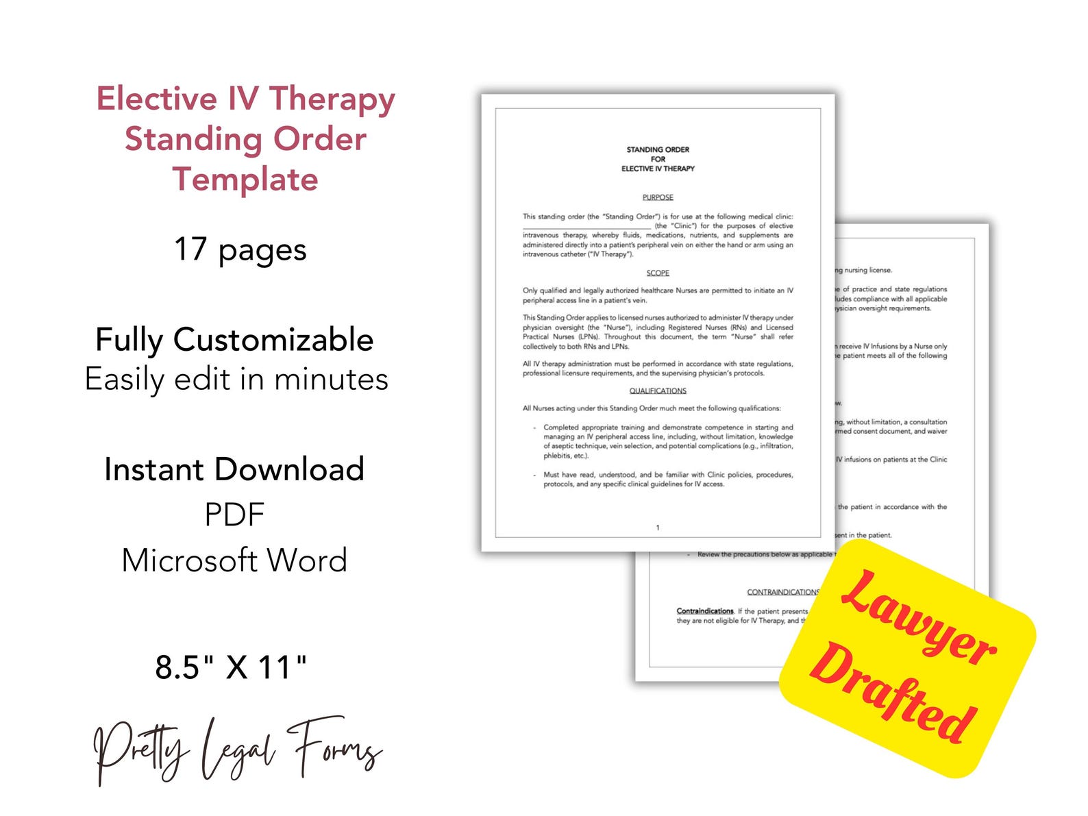 Elective IV Therapy Standing Order Template IV Infusion Protocol IV Drip Clinic Business Forms ...