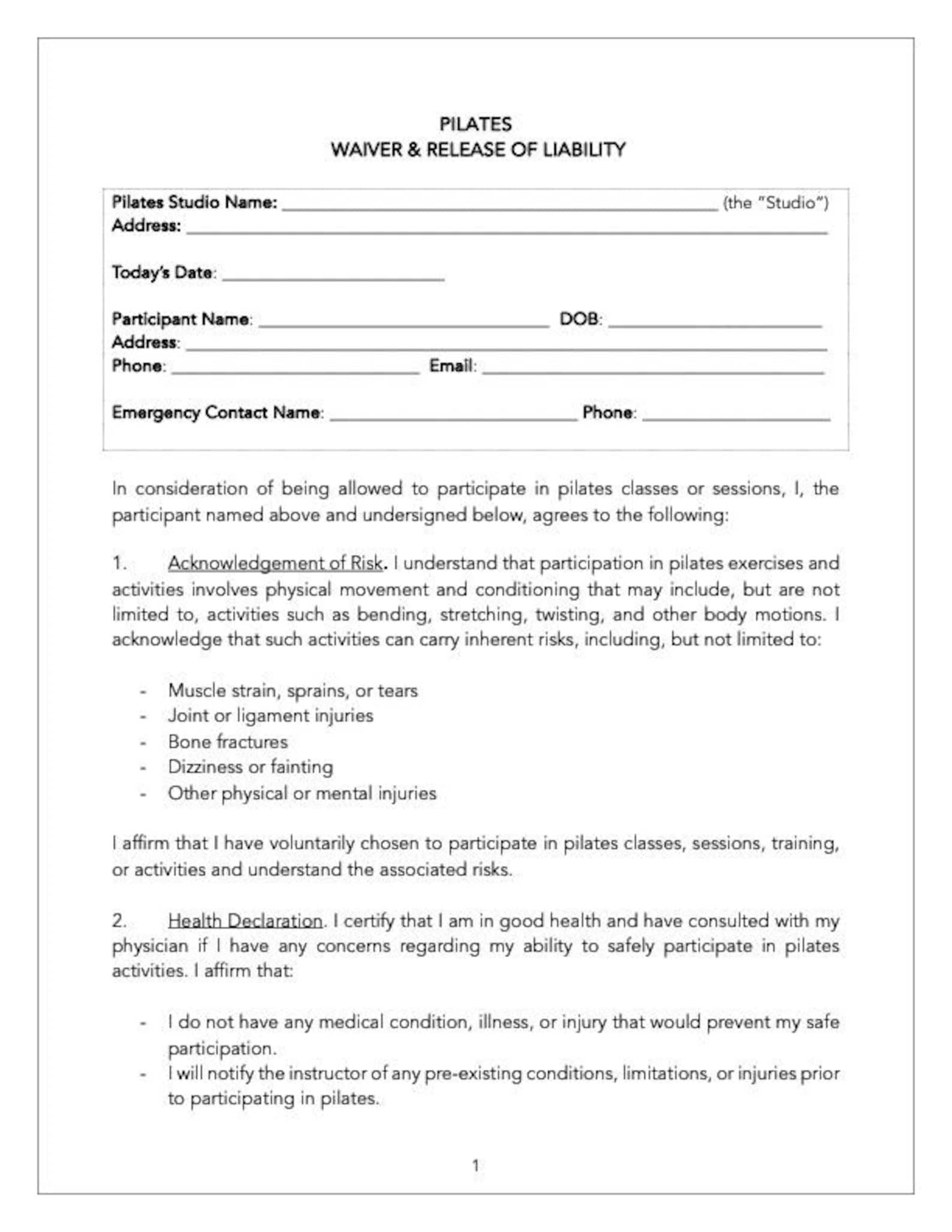 Pilates Waiver and Release of Liability Template Pilates Studio Legal ...