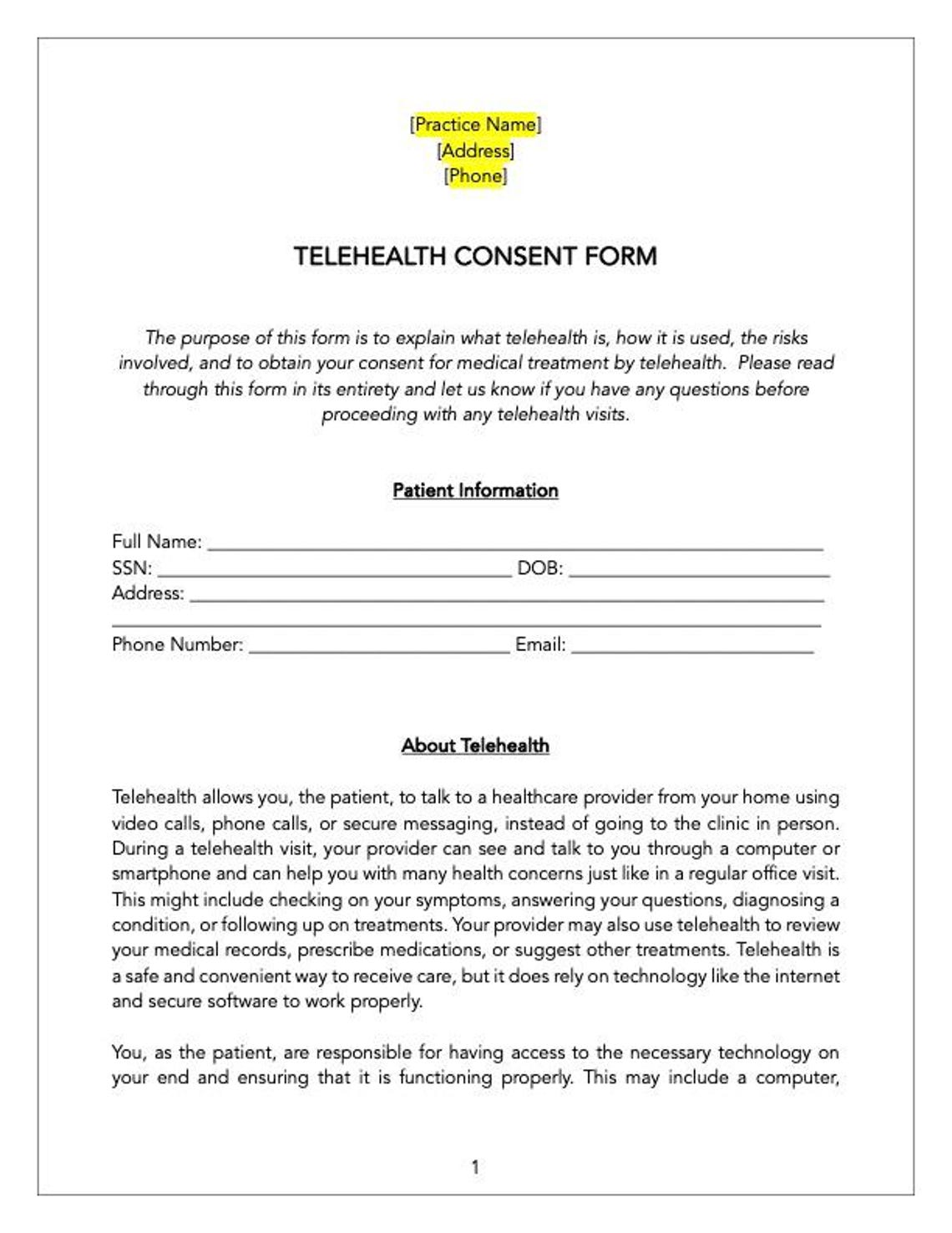 Telehealth Consent Form Telemedicine Patient Intake Virtual Healthcare ...