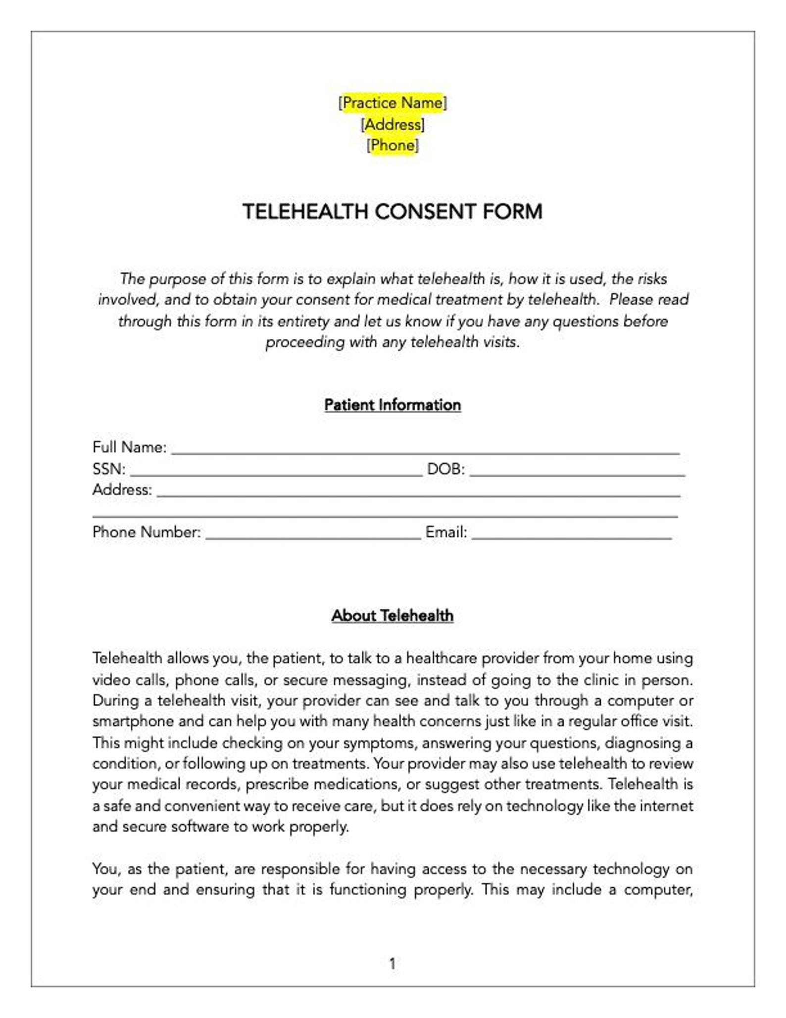 Telehealth Consent Form Telemedicine Patient Intake Virtual Healthcare ...