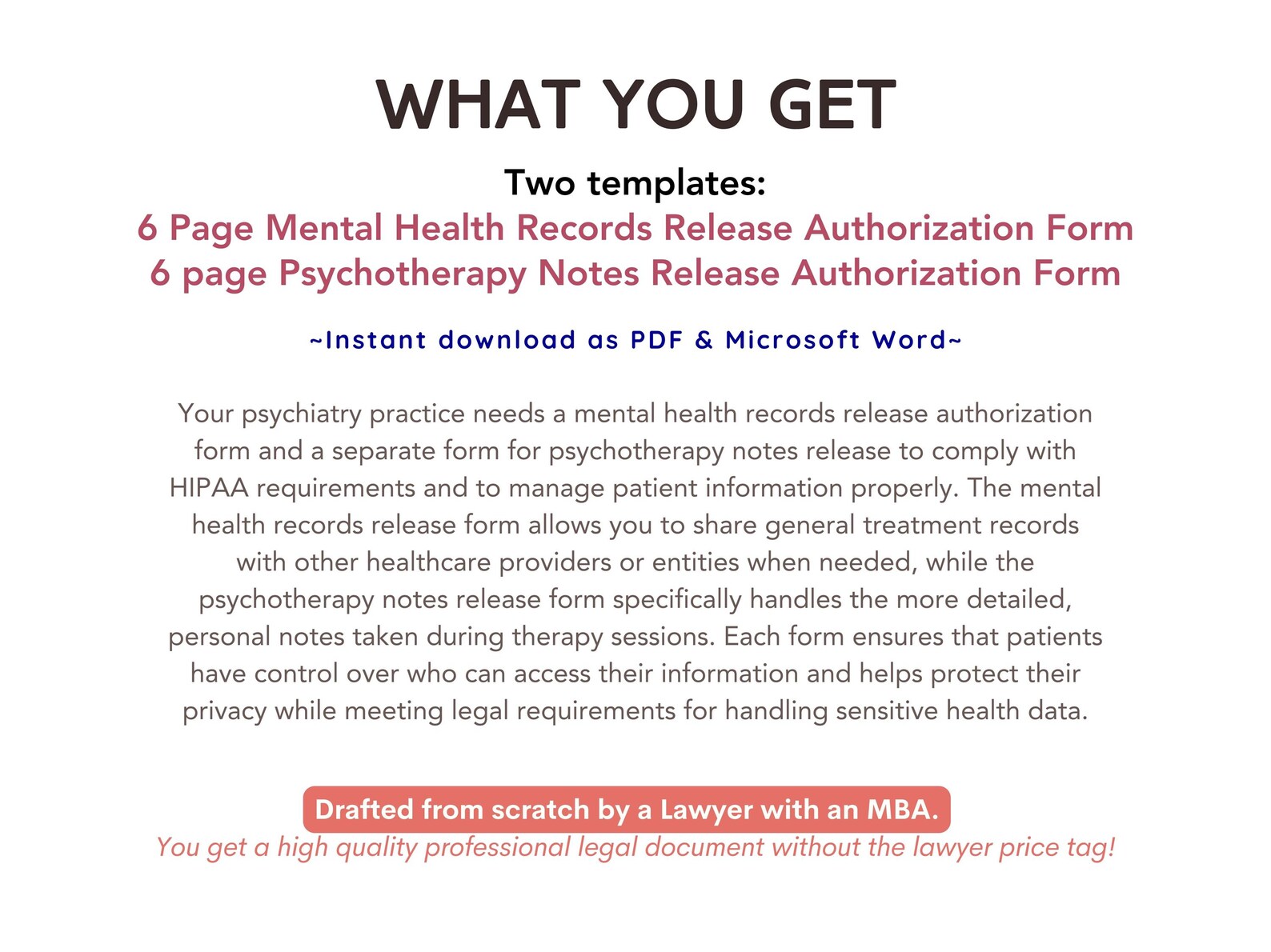 Mental Health Records Release Form HIPAA Medical Records Authorization ...