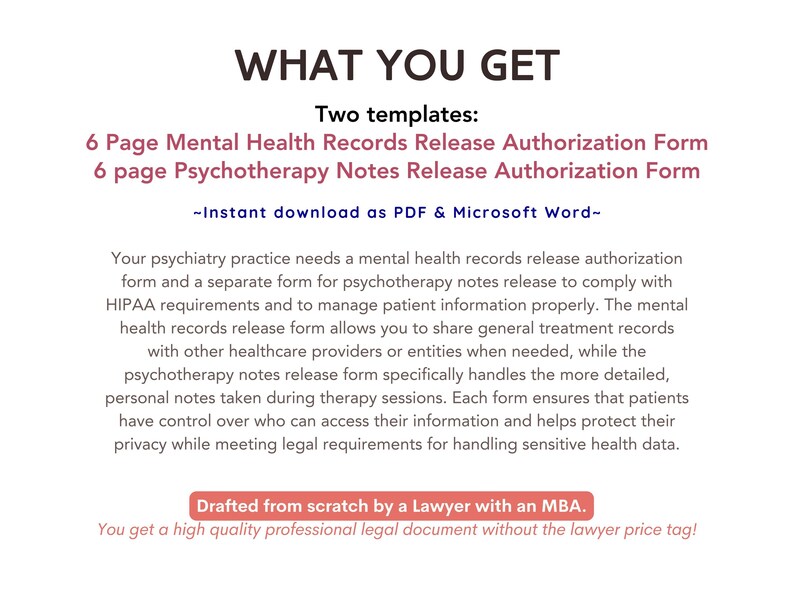 Mental Health Records Release Form HIPAA Medical Records Authorization ...