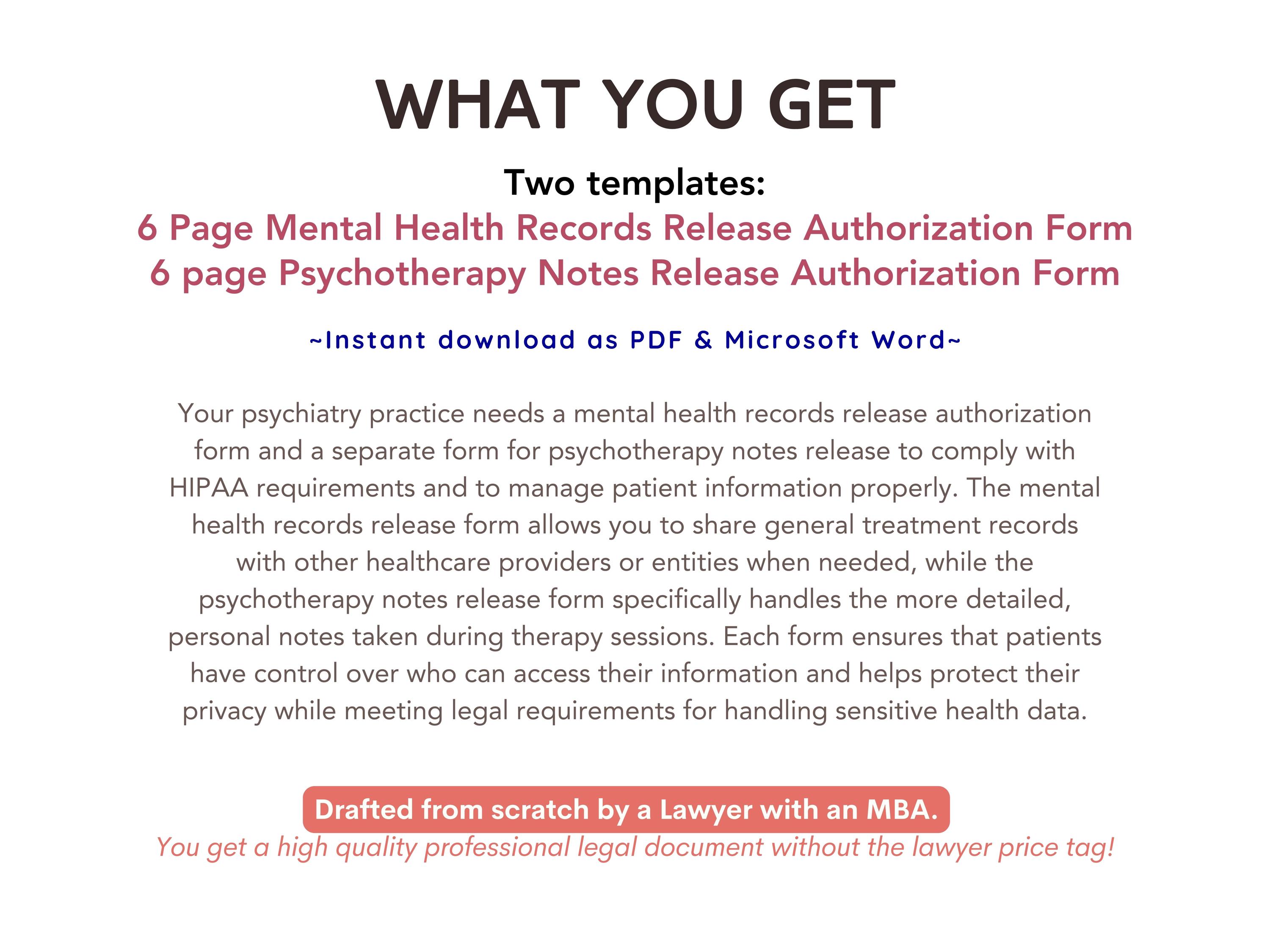 Mental Health Records Release Form HIPAA Medical Records Authorization ...