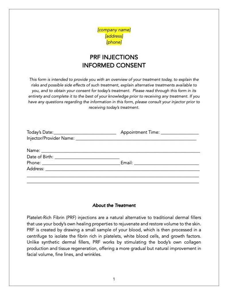 PRF Injections Informed Consent Platelet Rich Fibrin Injectables ...