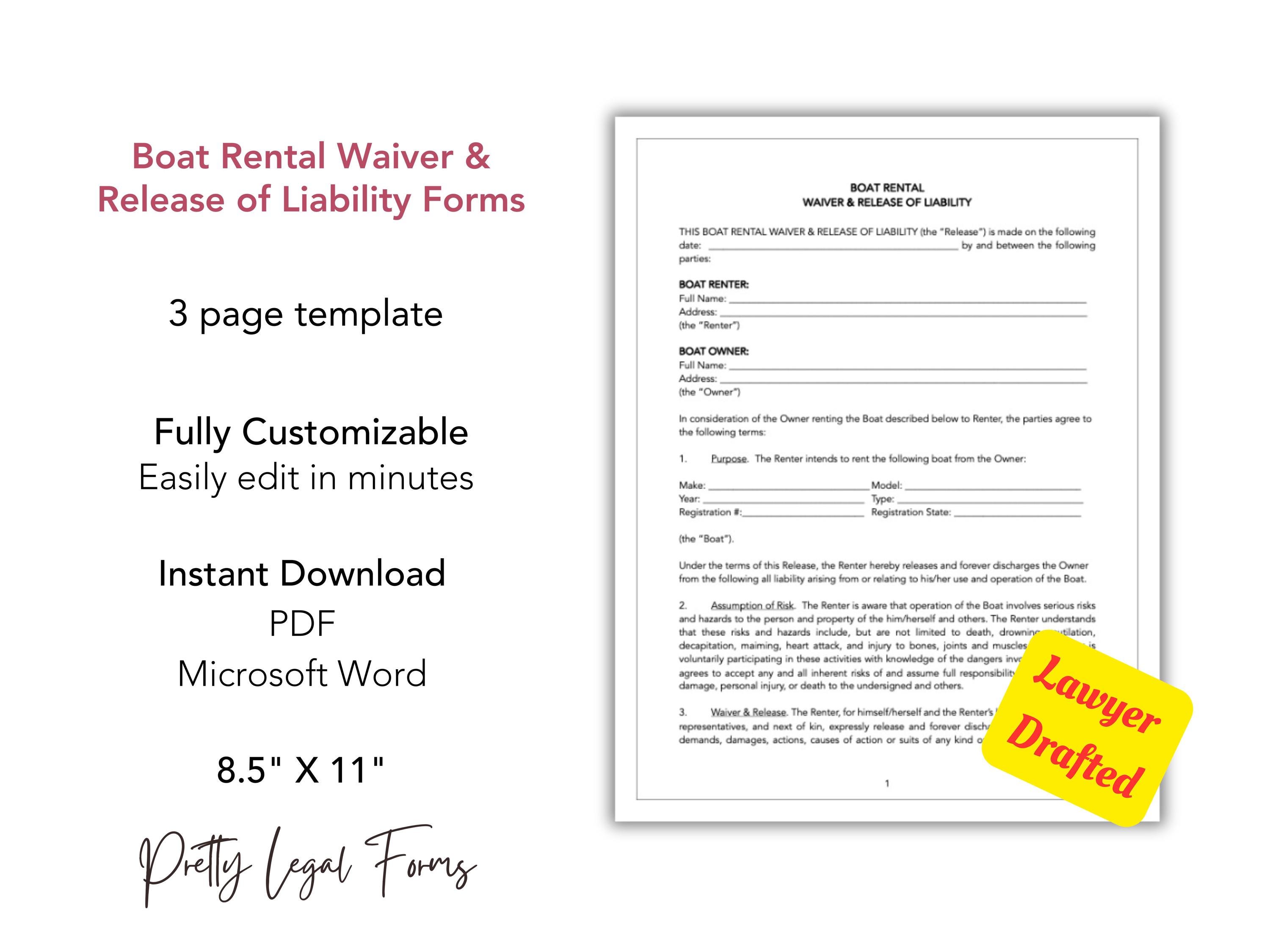 Boat Rental Waiver Form Boating Release of Liability Boat Owner Hold ...