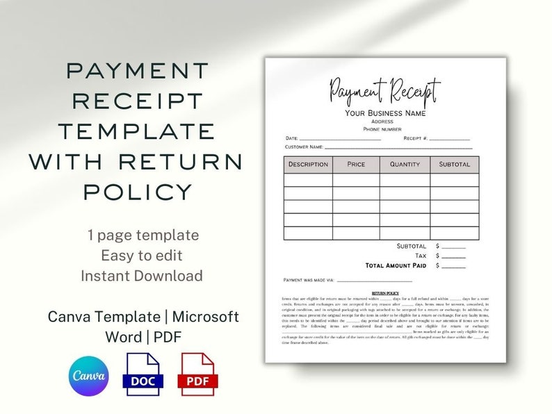 Payment Receipt With Return Policy Canva Template, Editable Receipt ...