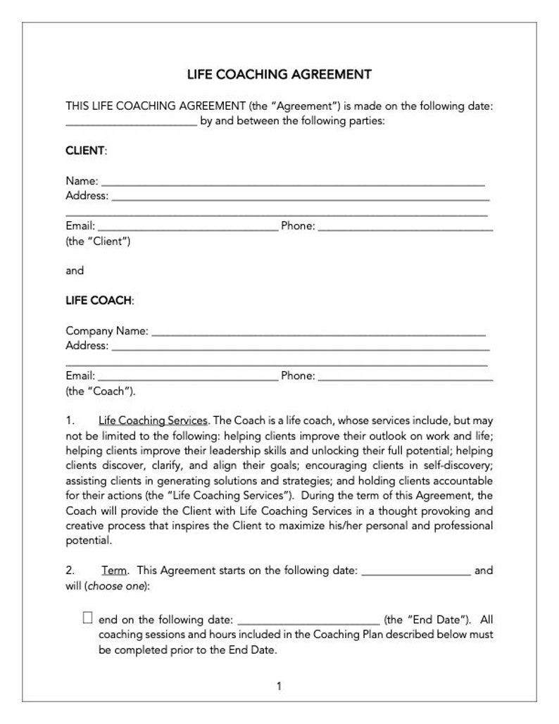 Life Coach Contract, Life Coaching Agreement, Coaching Contract ...