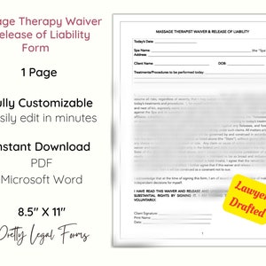 Massage Therapist Waiver Release of Liability Massage Therapy Client ...