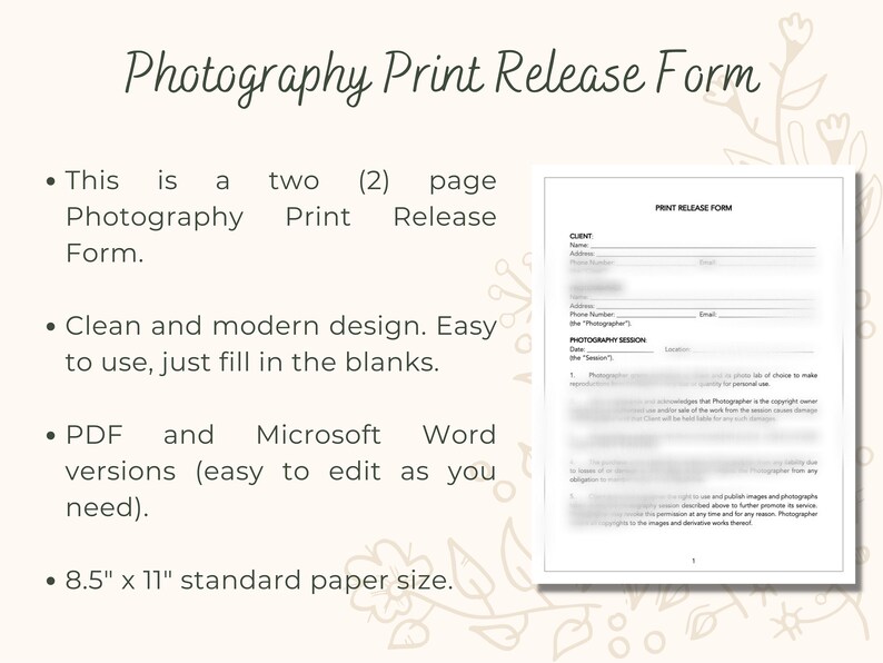 Photography Print Release Form, Digital File Release Template, Instant ...