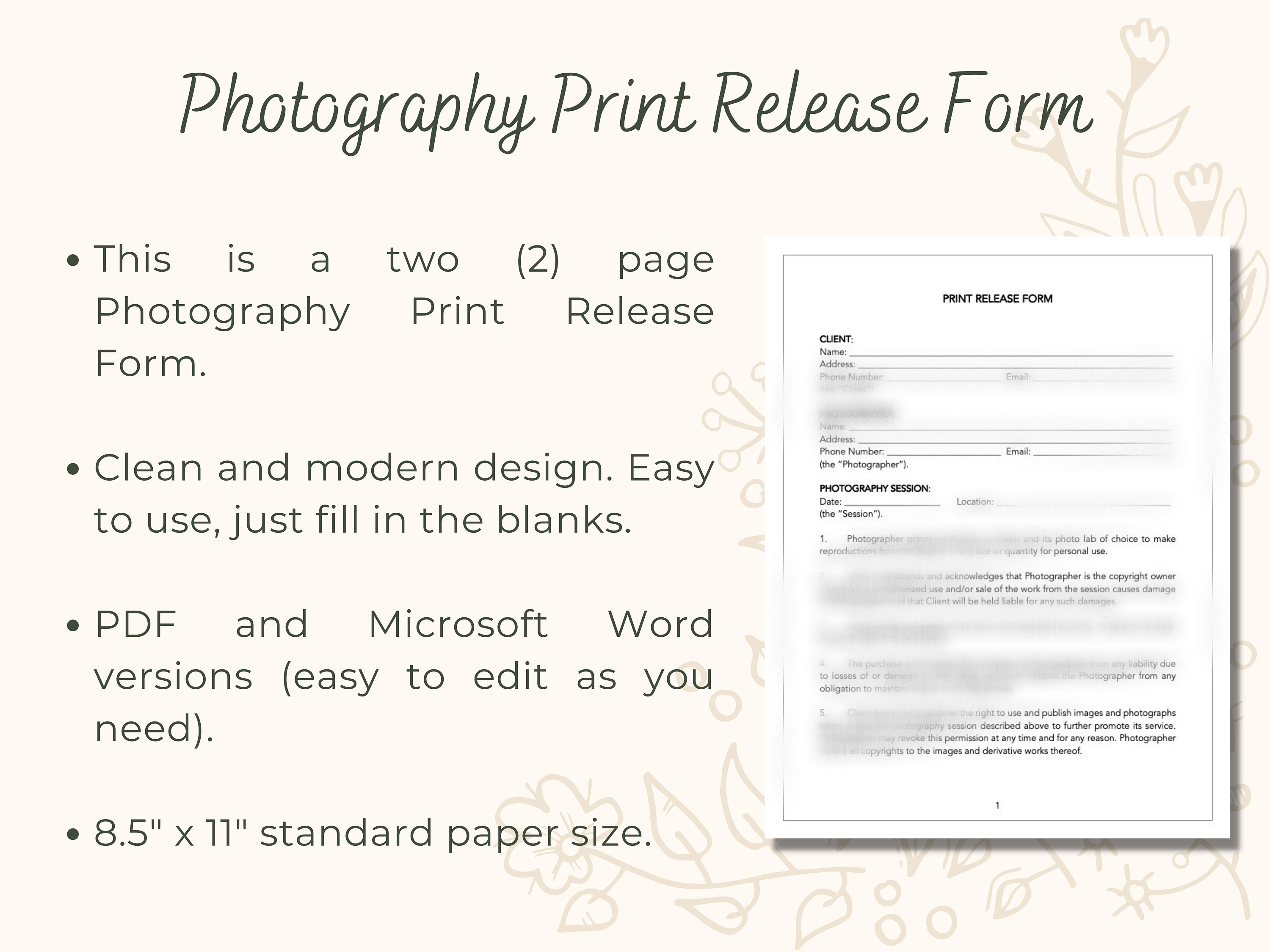 Photography Print Release Form, Digital File Release Template, Instant ...