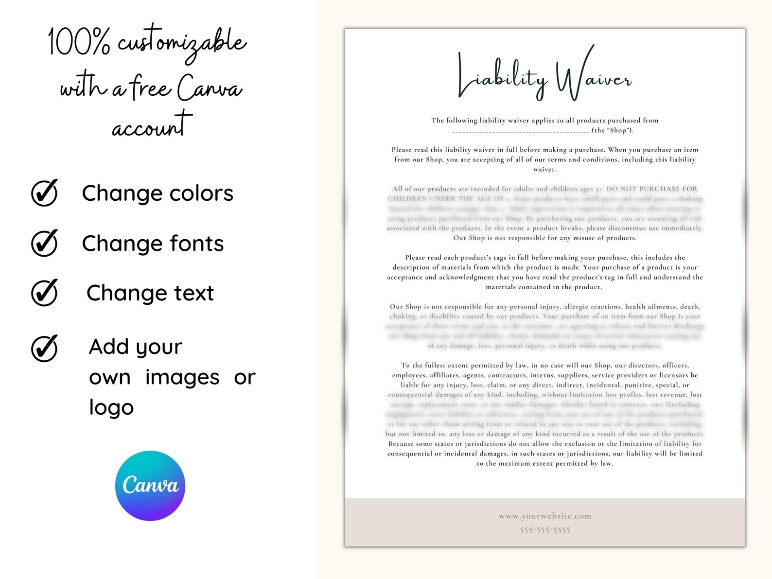 Shop Liability Waiver Store Sign CANVA Template, Boutique Liability ...