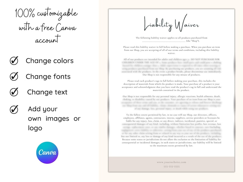 Shop Liability Waiver Store Sign CANVA Template, Boutique Liability ...