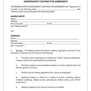 Makeup Artist Contract Template 1099 MUA Independent Contractor Agreement Make up Artist Hiring ...