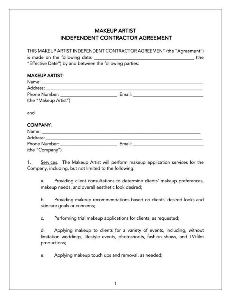 Makeup Artist Contract Template 1099 MUA Independent Contractor ...