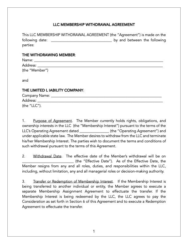 LLC Member Withdrawal Agreement LLC Membership Transfer Exit Contract ...