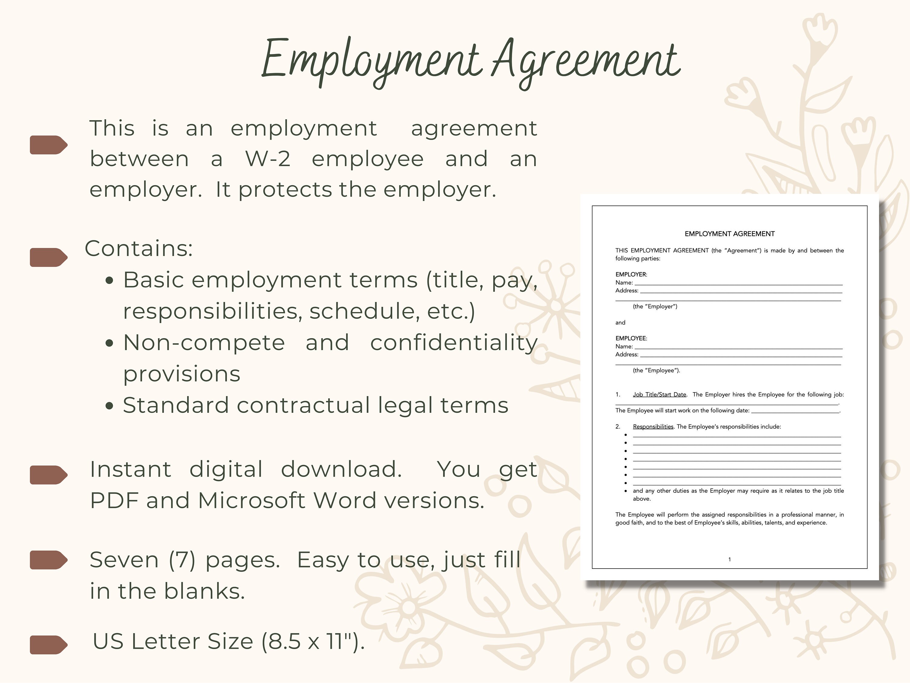Employment Agreement Contract Template Employee Hiring - Etsy