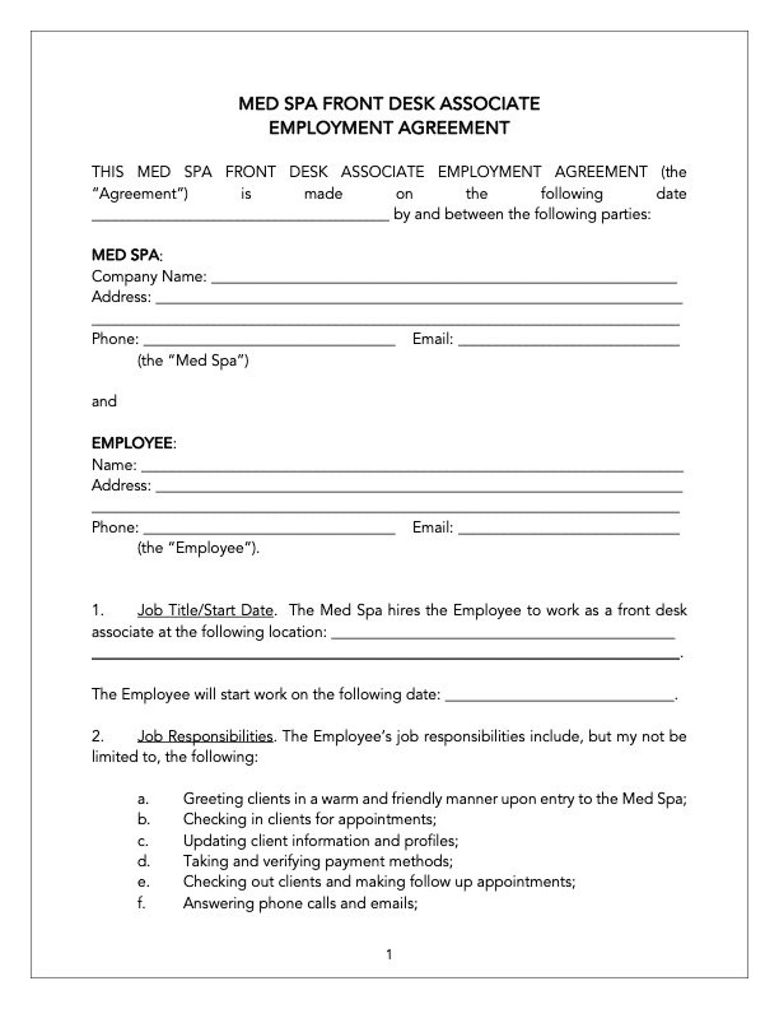 Medical Spa Front Desk Associate Employment Agreement Contract Template ...