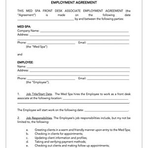 Medical Spa Front Desk Associate Employment Contract Template | Med Spa ...