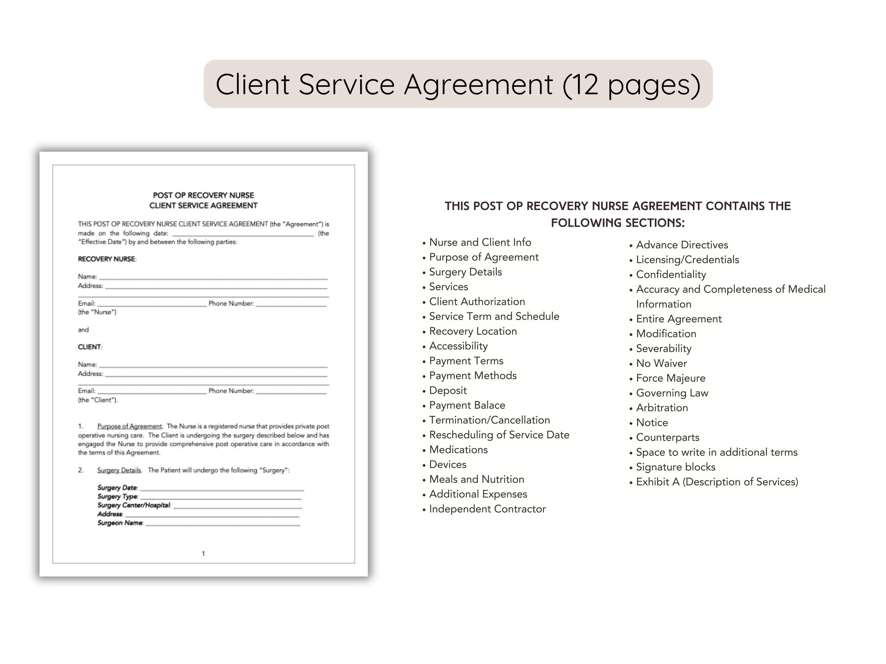 Post Op Recovery Nurse Legal Forms Bundle Post Surgery RN Contract Home ...