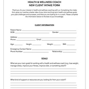 Health Coach Client Questionnaire for Wellness Coaching Intake Form ...