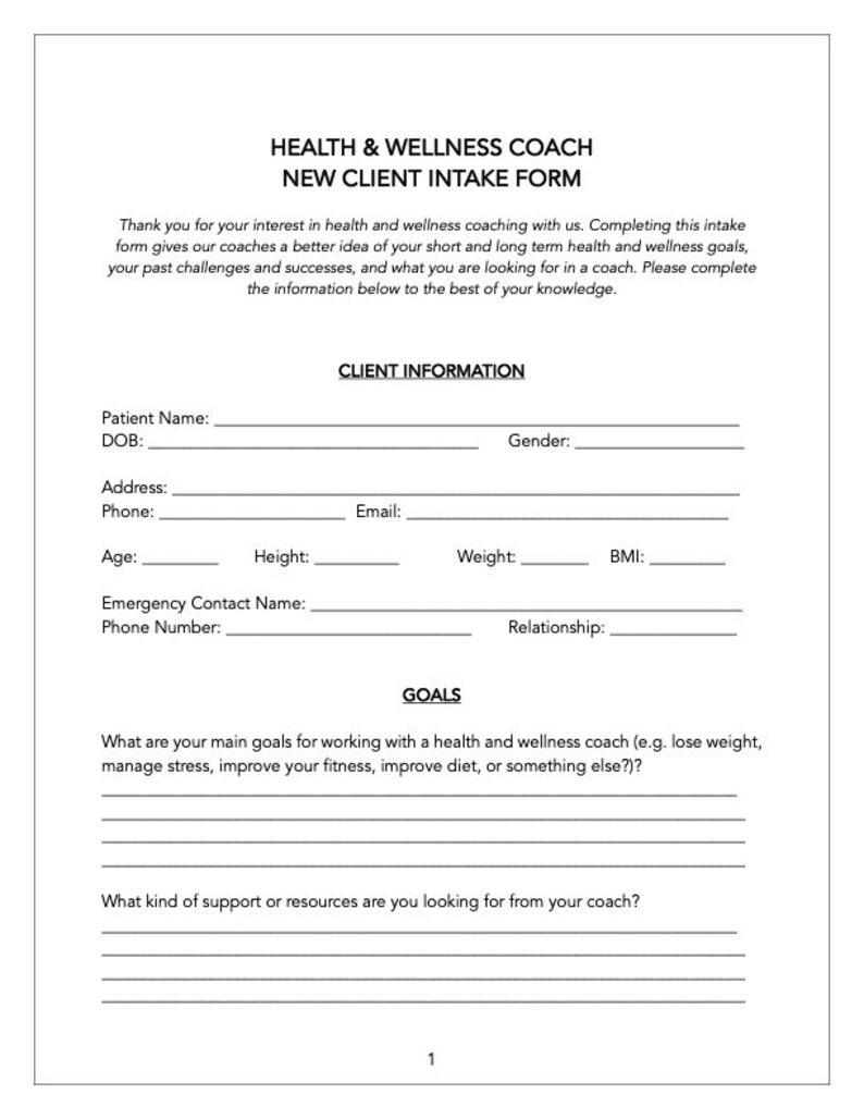 Health Coach Client Questionnaire for Wellness Coaching Intake Form ...