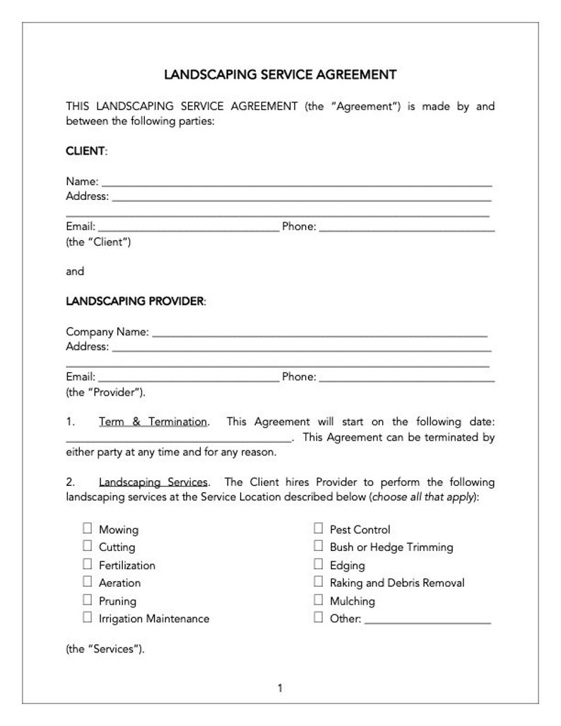 Landscape Contract, Landscaping Service Agreement, Lawn Care Contract ...