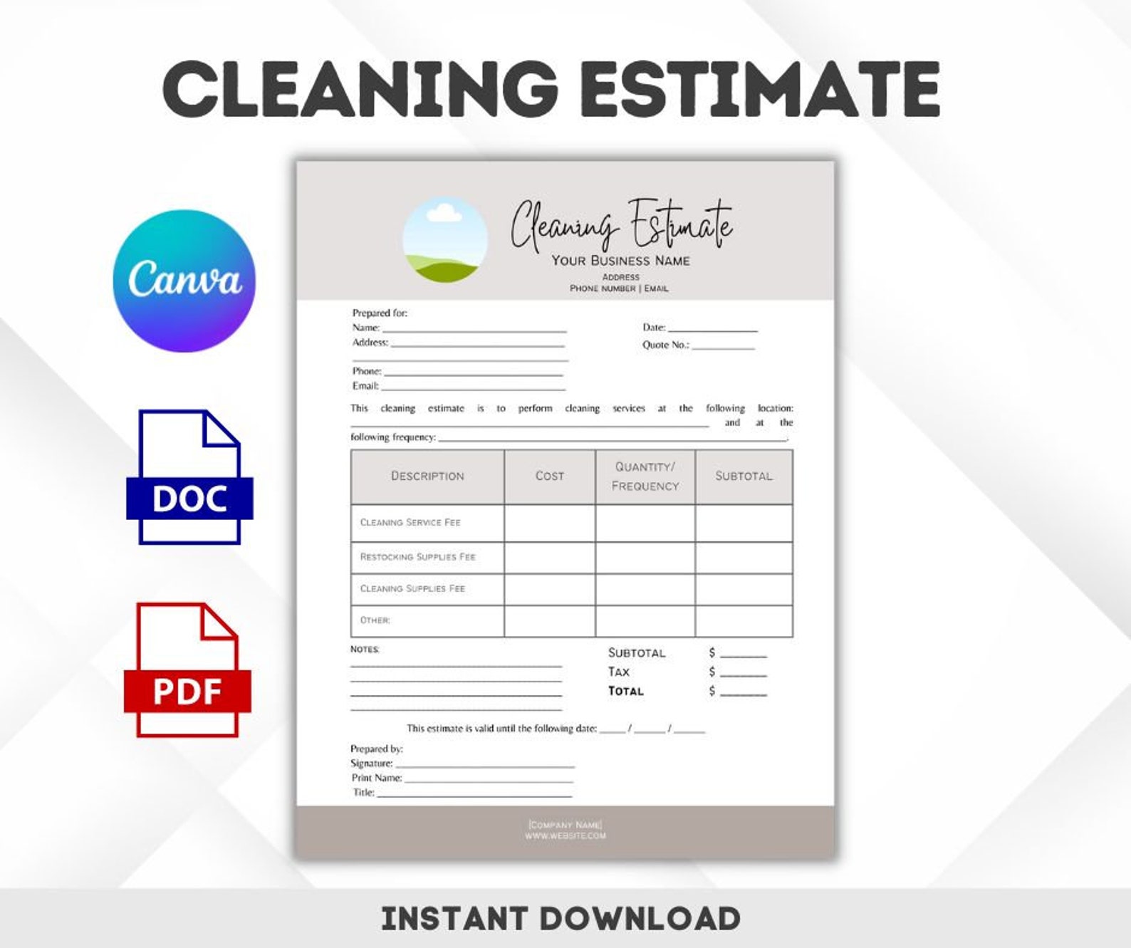 Cleaning Estimate Canva Template, Cleaning Service Proposal Form ...