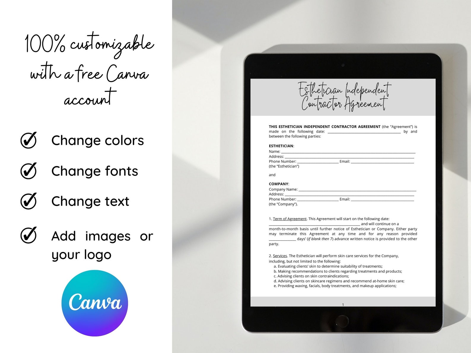 Esthetician Contract, Esthetician Independent Contractor Agreement 1099 ...