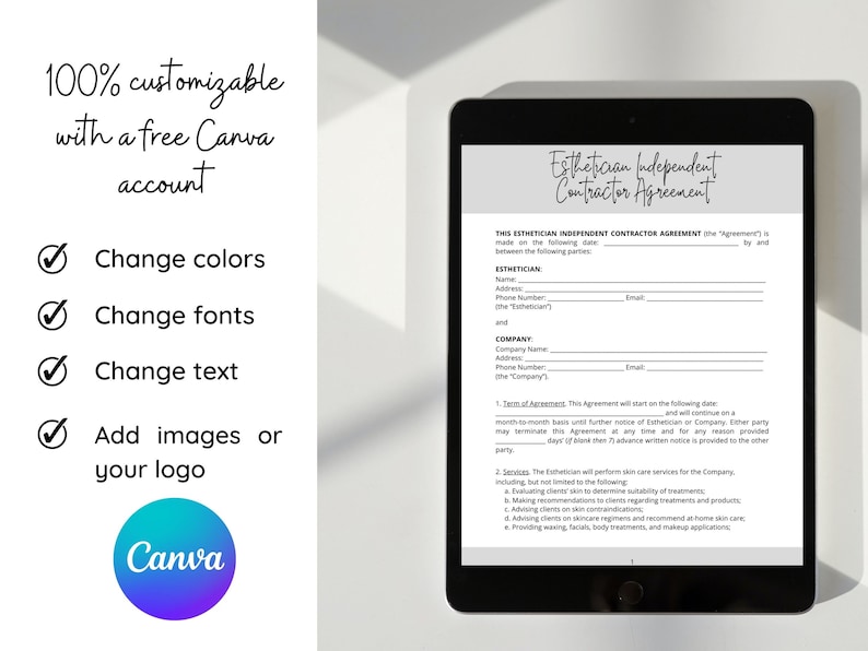 Esthetician Contract, Esthetician Independent Contractor Agreement 1099 CANVA Template ...