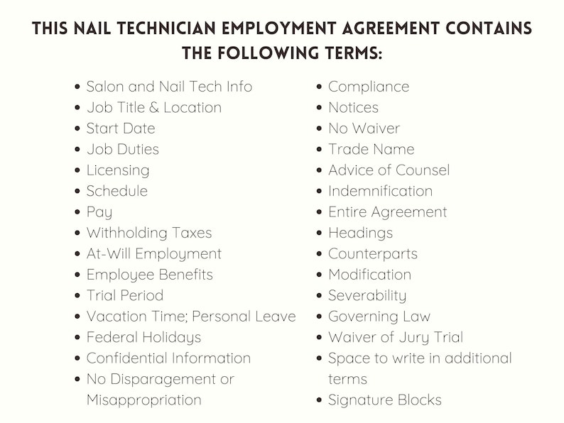 Nail Technician Employment Contract Template Nail Tech Employee ...