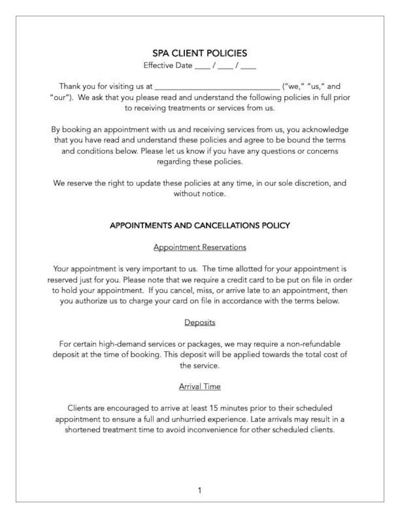 Spa Client Policies Esthetician Appointments Cancellation Policy Spa No ...