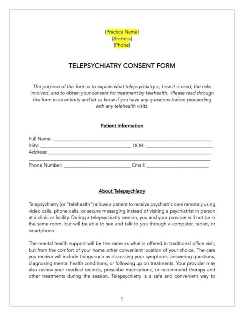 Telepsychiatry Consent Form Telemedicine Patient Intake for Outpatient ...